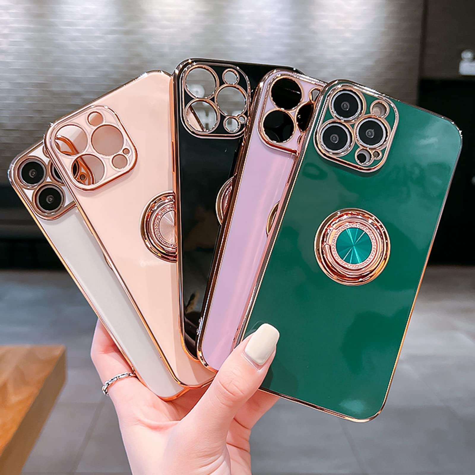 Yepda Case for iPhone 13 Pro Max Ring Holder Case with Diamond Shiny Plating Rose Gold Edge Built-in 360 Rotation Magnetic Kickstand for Women Girls Slim Soft TPU Protective Cover 6.7 Inch, White