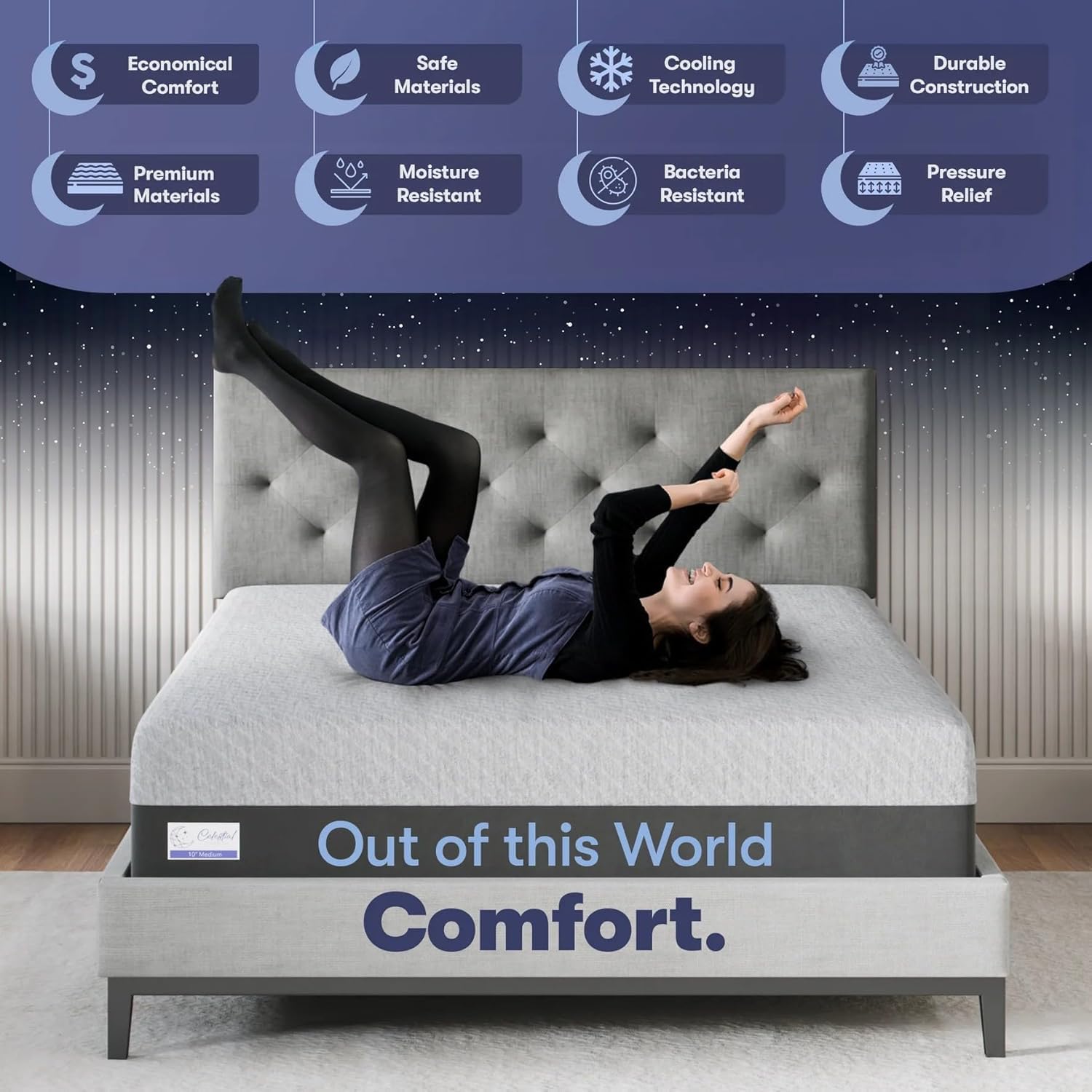 Celestial Sleep Gel Memory Foam Mattress in a Box, Made in The USA, CertiPUR-US Bed, 10 inch Medium - Full