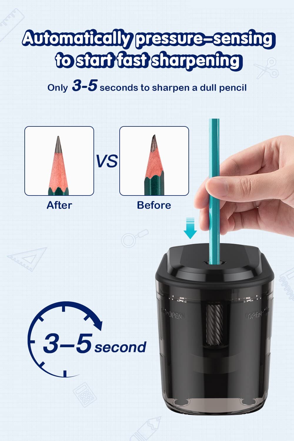 Electric Pencil Sharpener Helical Blade Heavy-Duty RIYO Pencil Sharpeners Battery Operated for No.2/ (6-8mm) Pencils with Auto Start & Cleaning Brush for School/Classroom/Office/Artist Studio