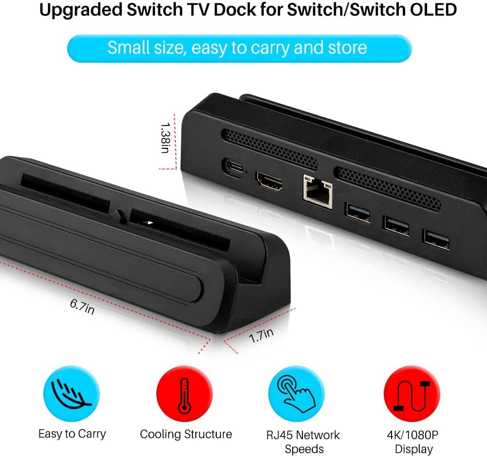 TV Docking Station with 1000M Ethernet for Nintendo Switch,Charging Dock for Nintendo Switch Portable Dock Station,3-Port USB 2.0,USB C to HDMI 4K for Switch, Switch OLED(Not Supported Switch lite)