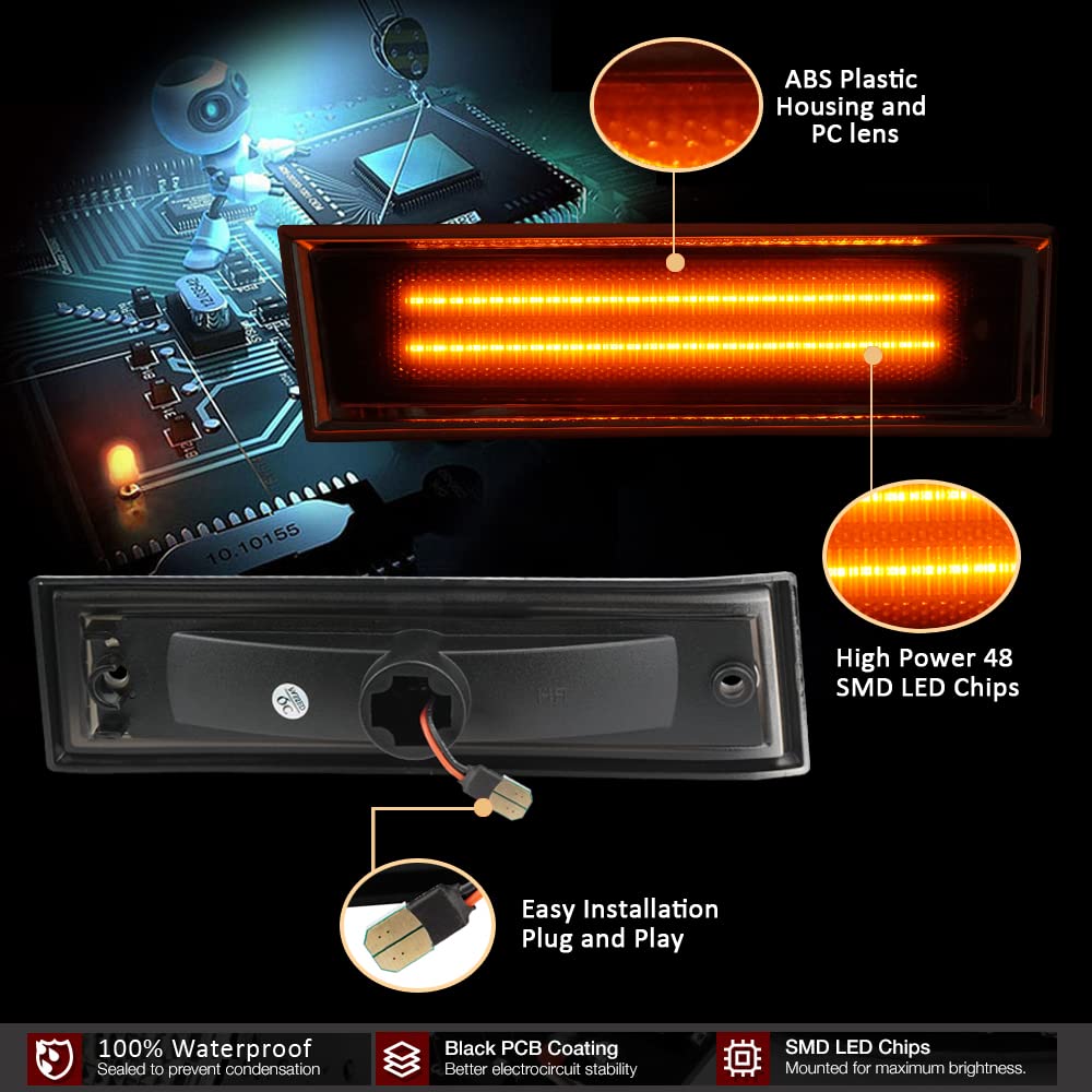 D-Lumina LED Side Marker Lights Smoked Lens for 1981-1991 Chevy C10 C20 C30 GMC C1500 C2500 Suburban Blazer Jimmy, Front Fender LED Side Marker Light, Driver & Passenger Side, Pack of 2