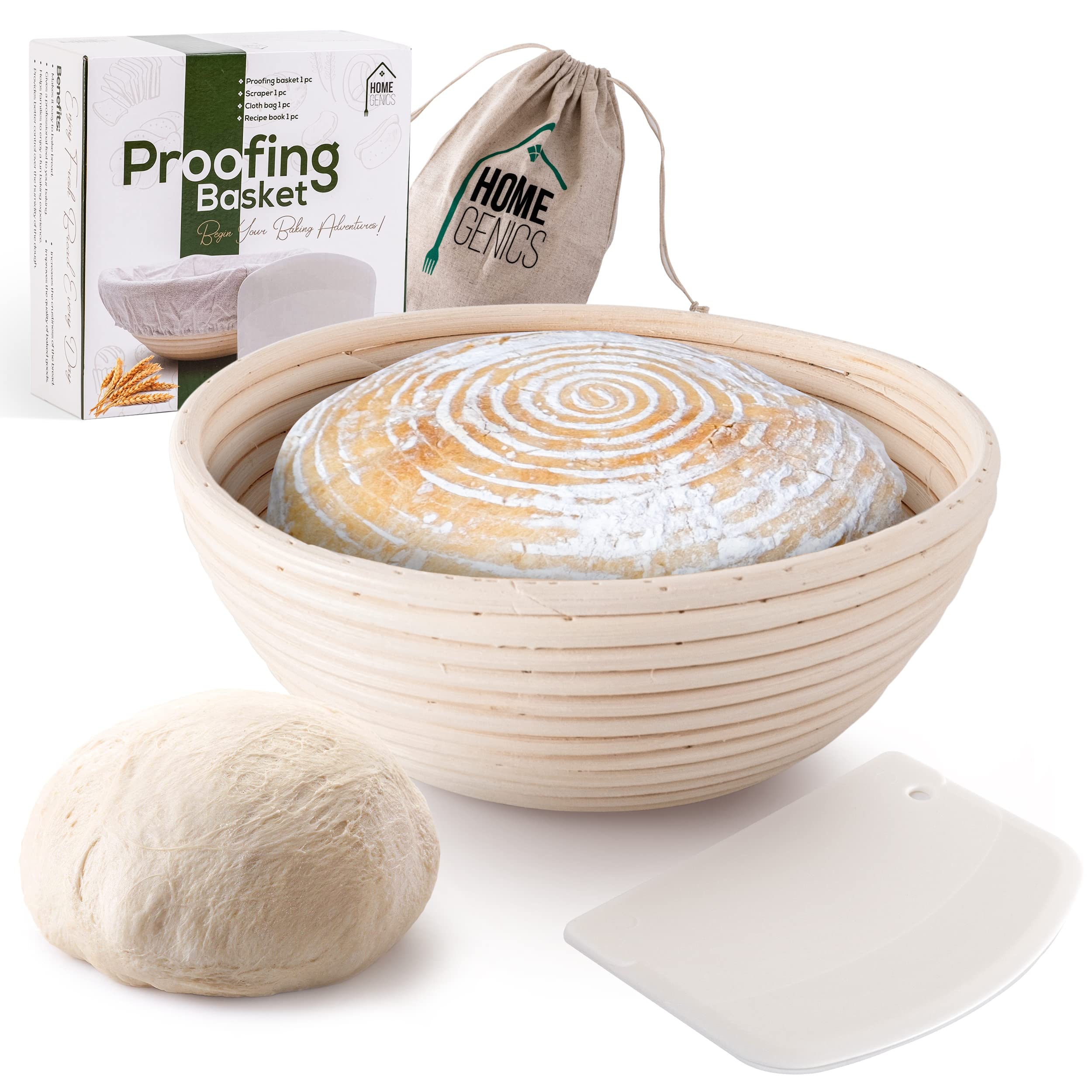 9 Inch HomeGenics Proofing Basket - With Scraper, Cloth Bag, and Recipe Book, Smooth and Splinter-Free Finish Bread Basket, Handcrafted, For Bread Making Tools Supplies