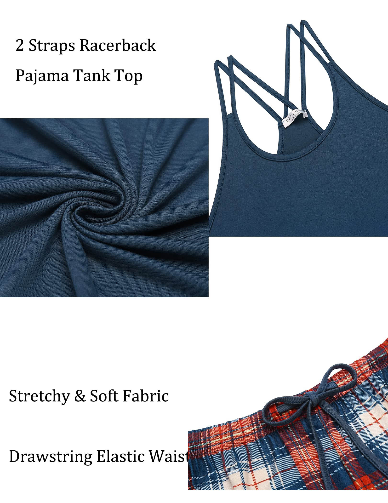 Ekouaer Womens Cami Pajama Set Sleeveless Racerback Tank Top Pjs Soft Sleepwear Blue and Red Plaid Medium
