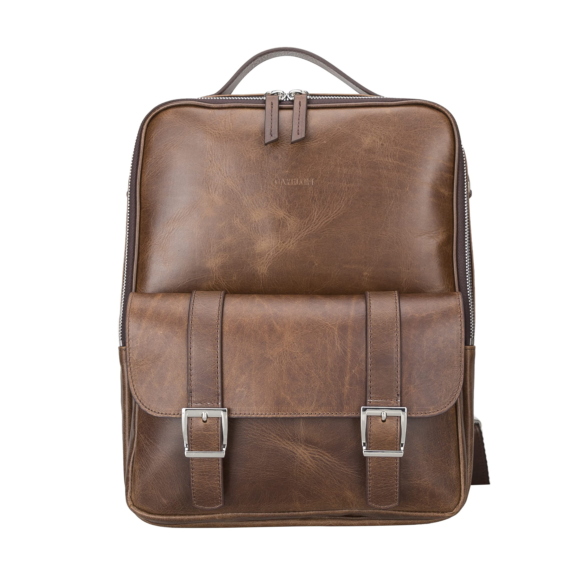 Bayelon Genuine Leather Backpack Vintage Laptop Bag for Women & Men, Travel Daypack, School Bag, Slim Business Bag (Dark Brown)
