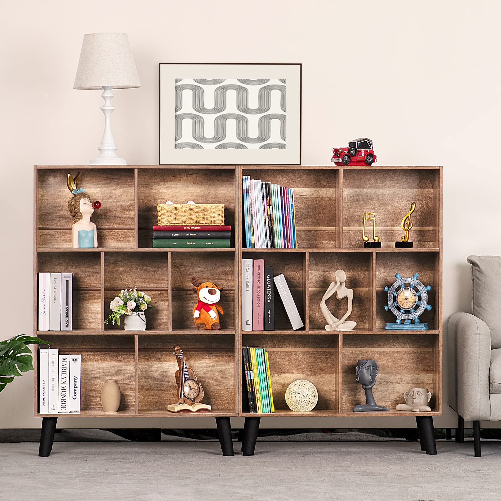 LEYAOYAO 7 Cube Bookshelf 3 Tier Modern Bookcase with Legs,Wood Book Shelves Storage Organizer Shelf,Free Standing Bookcases,Oak Display Bookshelves