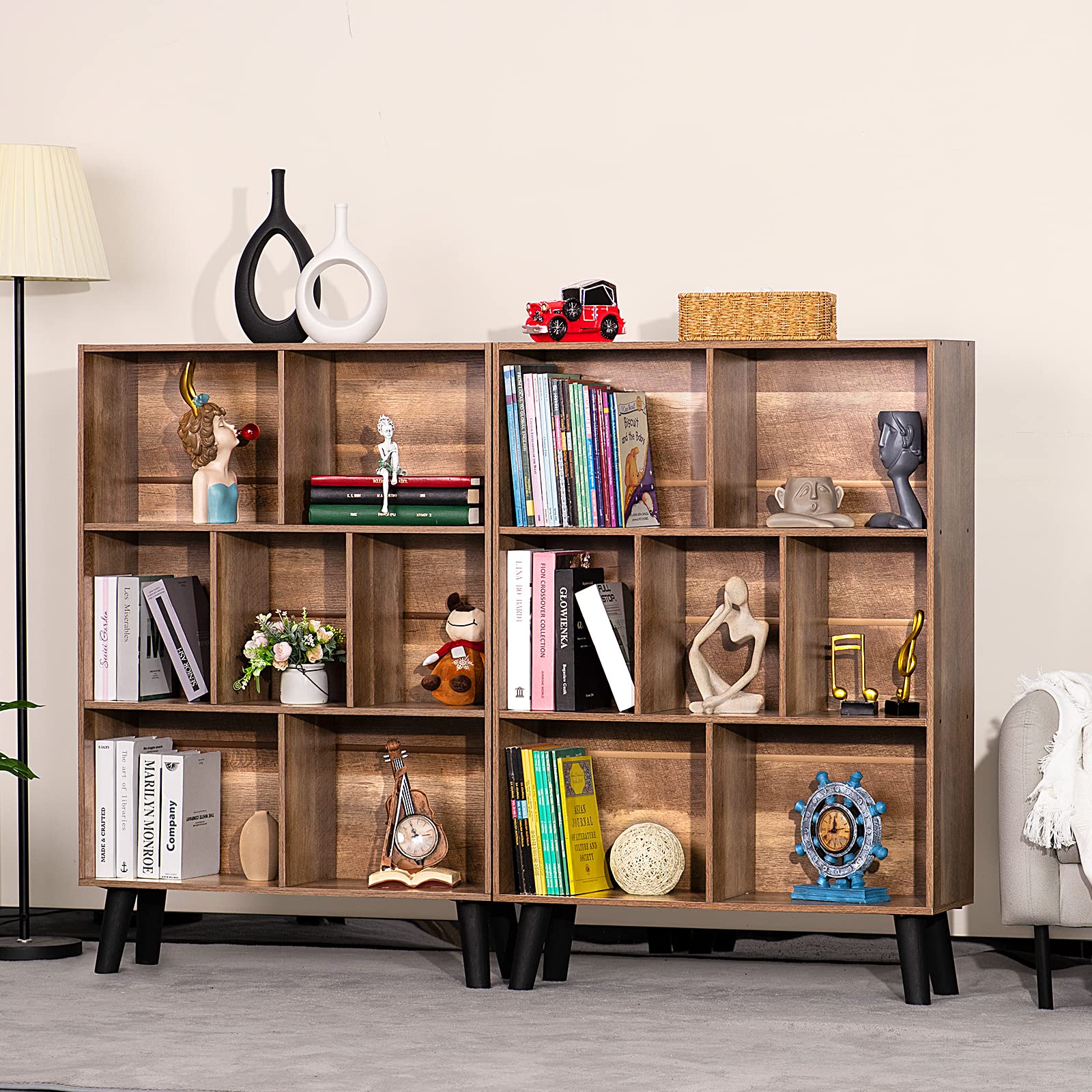 LEYAOYAO 7 Cube Bookshelf 3 Tier Modern Bookcase with Legs,Wood Book Shelves Storage Organizer Shelf,Free Standing Bookcases,Oak Display Bookshelves