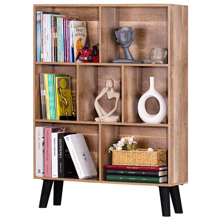 LEYAOYAO 7 Cube Bookshelf 3 Tier Modern Bookcase with Legs,Wood Book Shelves Storage Organizer Shelf,Free Standing Bookcases,Oak Display Bookshelves