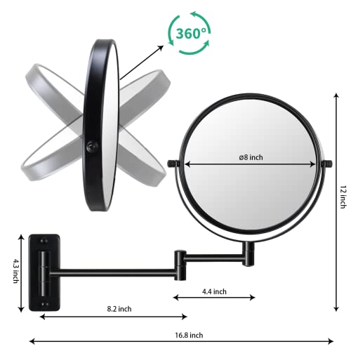 yinjupu Wall Mounted Makeup Mirror - 8-inch Double-Sided Magnifying Mirror with 360-Degree Rotation and Telescopic Lighting for Home Bathroom Shaving Vanity (Black)