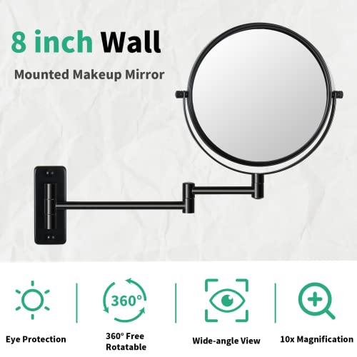 yinjupu Wall Mounted Makeup Mirror - 8-inch Double-Sided Magnifying Mirror with 360-Degree Rotation and Telescopic Lighting for Home Bathroom Shaving Vanity (Black)