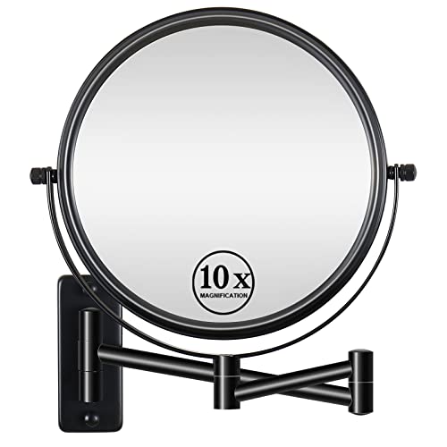 yinjupu Wall Mounted Makeup Mirror - 8-inch Double-Sided Magnifying Mirror with 360-Degree Rotation and Telescopic Lighting for Home Bathroom Shaving Vanity (Black)