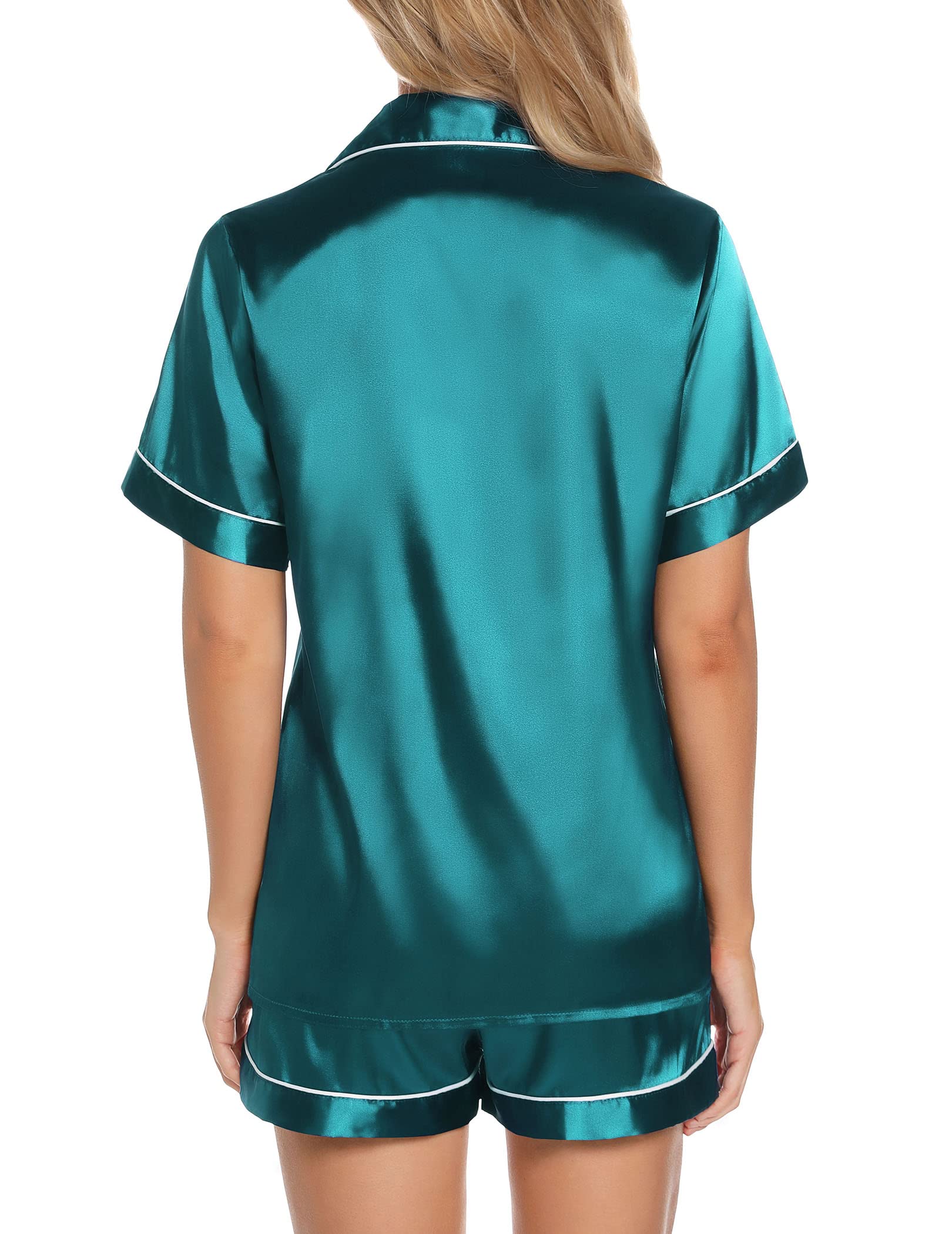 Senert Silk Satin Pajamas Set Women Two-Piece Nightwear Short Sleeve Sleepwear Soft Button Down Loungewear Pjs Set Green,XX-Large