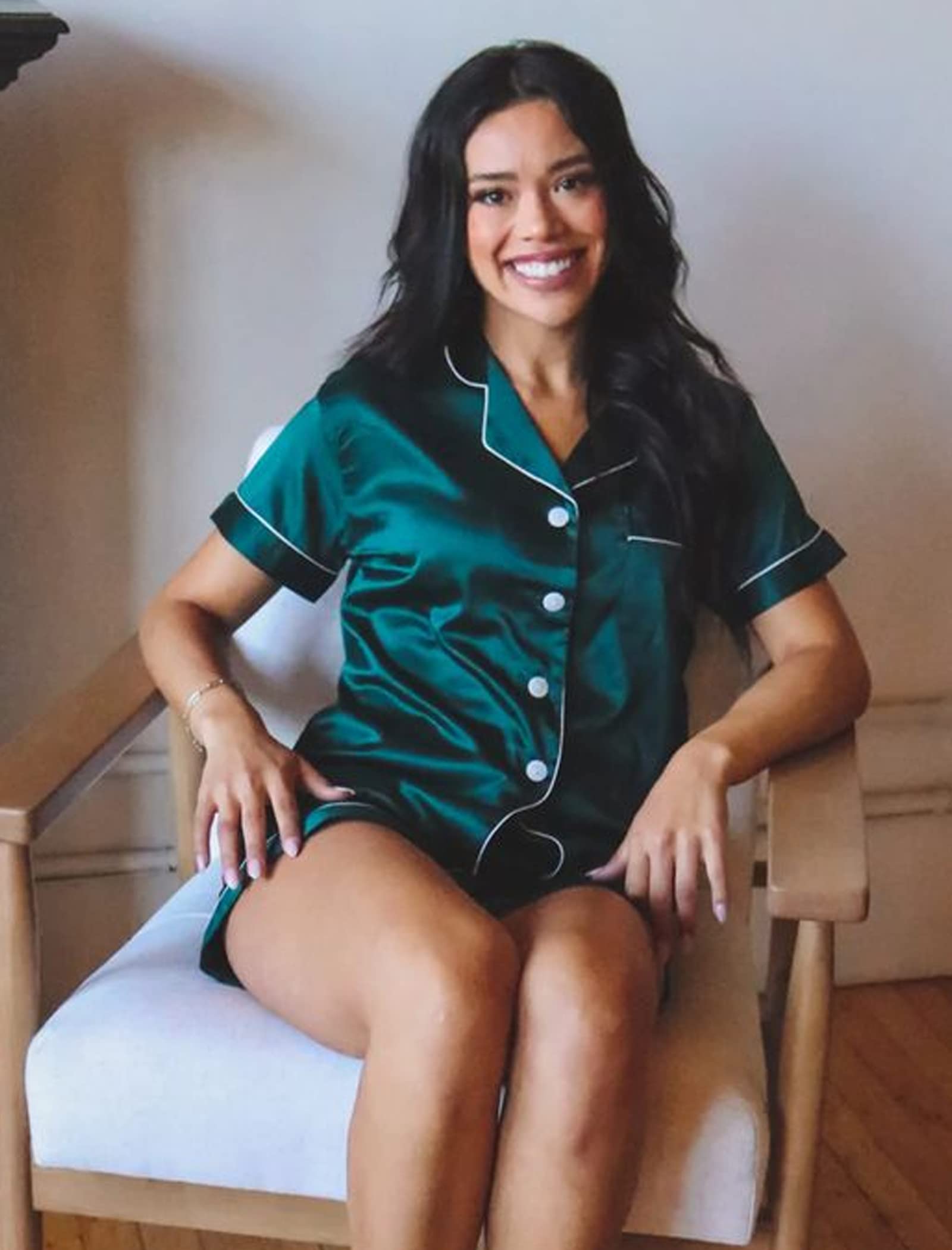 Senert Silk Satin Pajamas Set Women Two-Piece Nightwear Short Sleeve Sleepwear Soft Button Down Loungewear Pjs Set Green,XX-Large