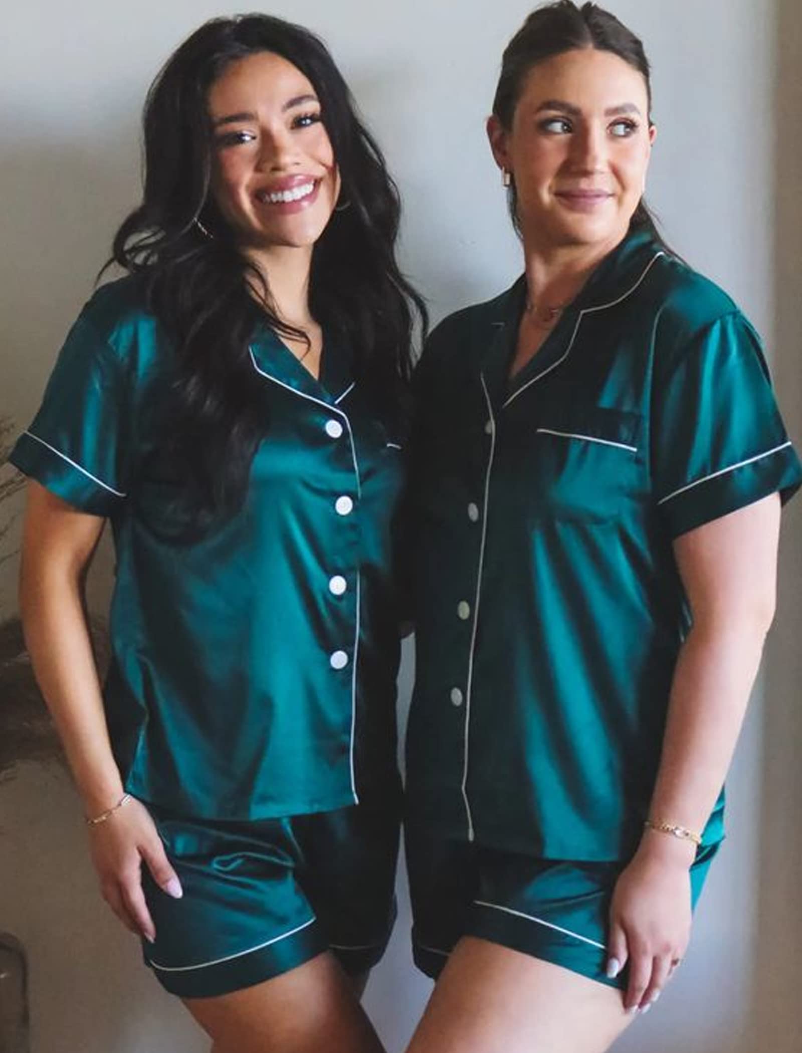 Senert Silk Satin Pajamas Set Women Two-Piece Nightwear Short Sleeve Sleepwear Soft Button Down Loungewear Pjs Set Green,XX-Large