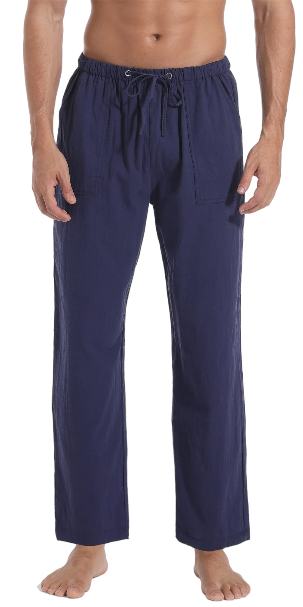 perdontoo Mens Linen Loose Casual Lightweight Elastic Waist Yoga Beach Pants (X-Large, Navy)