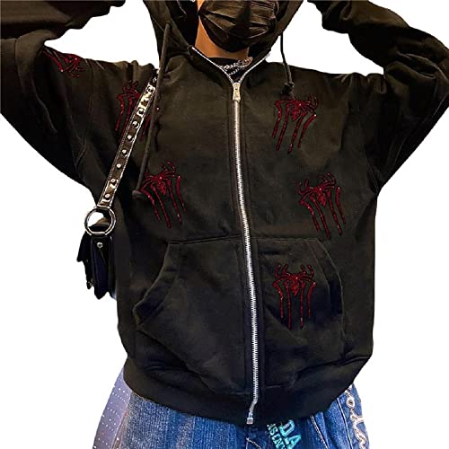 NECHARI Women's Rhinestone Spider Hoodie Y2K Full Zip Jacket Pullover Aesthetics Oversized Casual Sweatshirt
