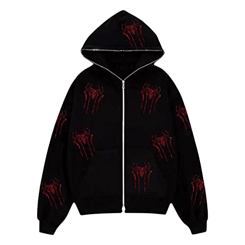 NECHARI Women's Rhinestone Spider Hoodie Y2K Full Zip Jacket Pullover Aesthetics Oversized Casual Sweatshirt