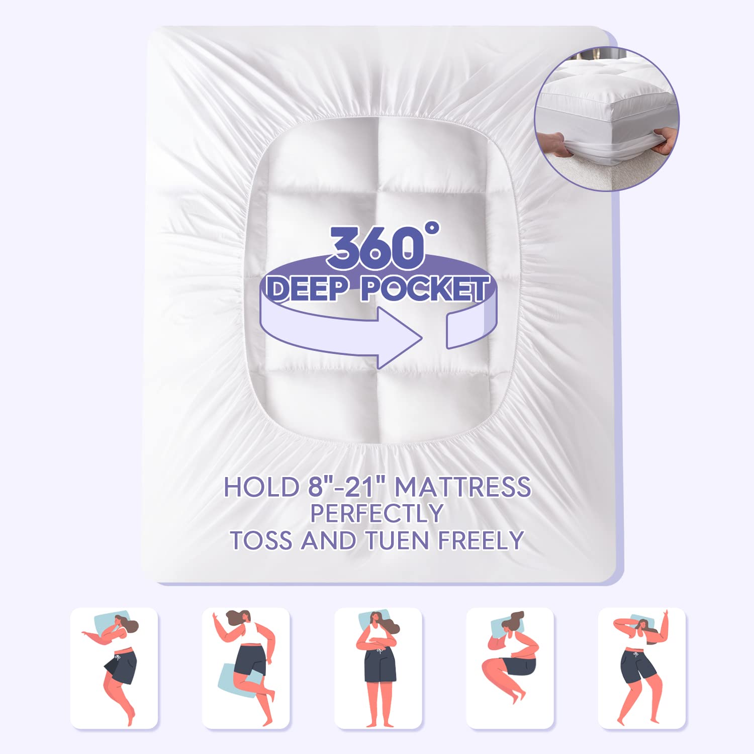ABENE Mattress Topper Short Queen for Back Pain Relief, Extra Thick Mattress Pad Pillowtop, Soft Mattress Protector Cover with 8"-21" Deep Pocket, Overfilled Down Alternative Filling (White)