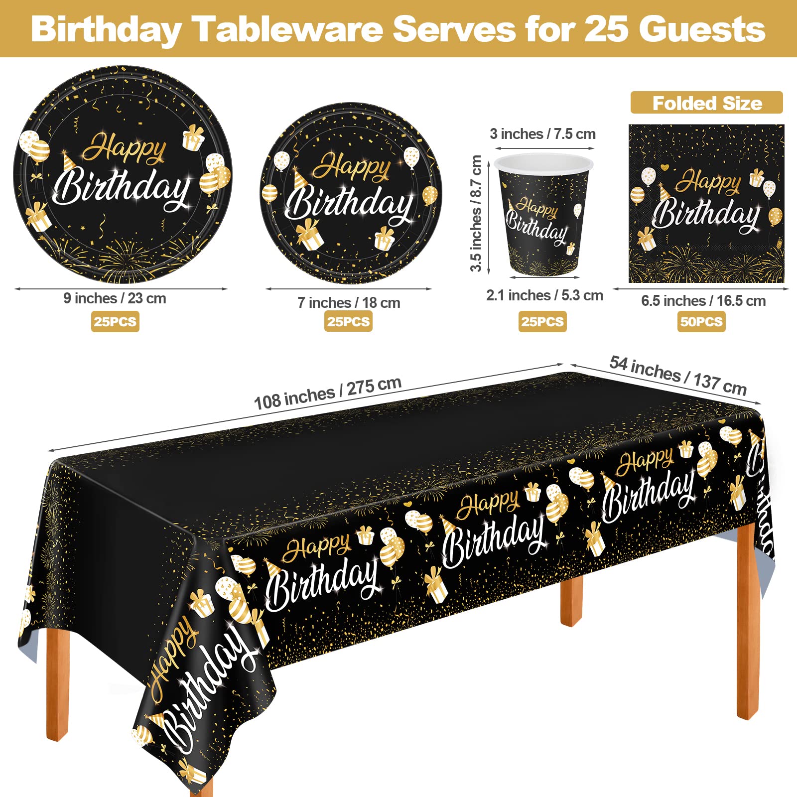 durony 126 Pieces Black and Gold Complete Birthday Tableware Set Party Supplies Includes Paper Cups Plates Napkins Waterproof Tablecloth Happy Birthday Party Favor