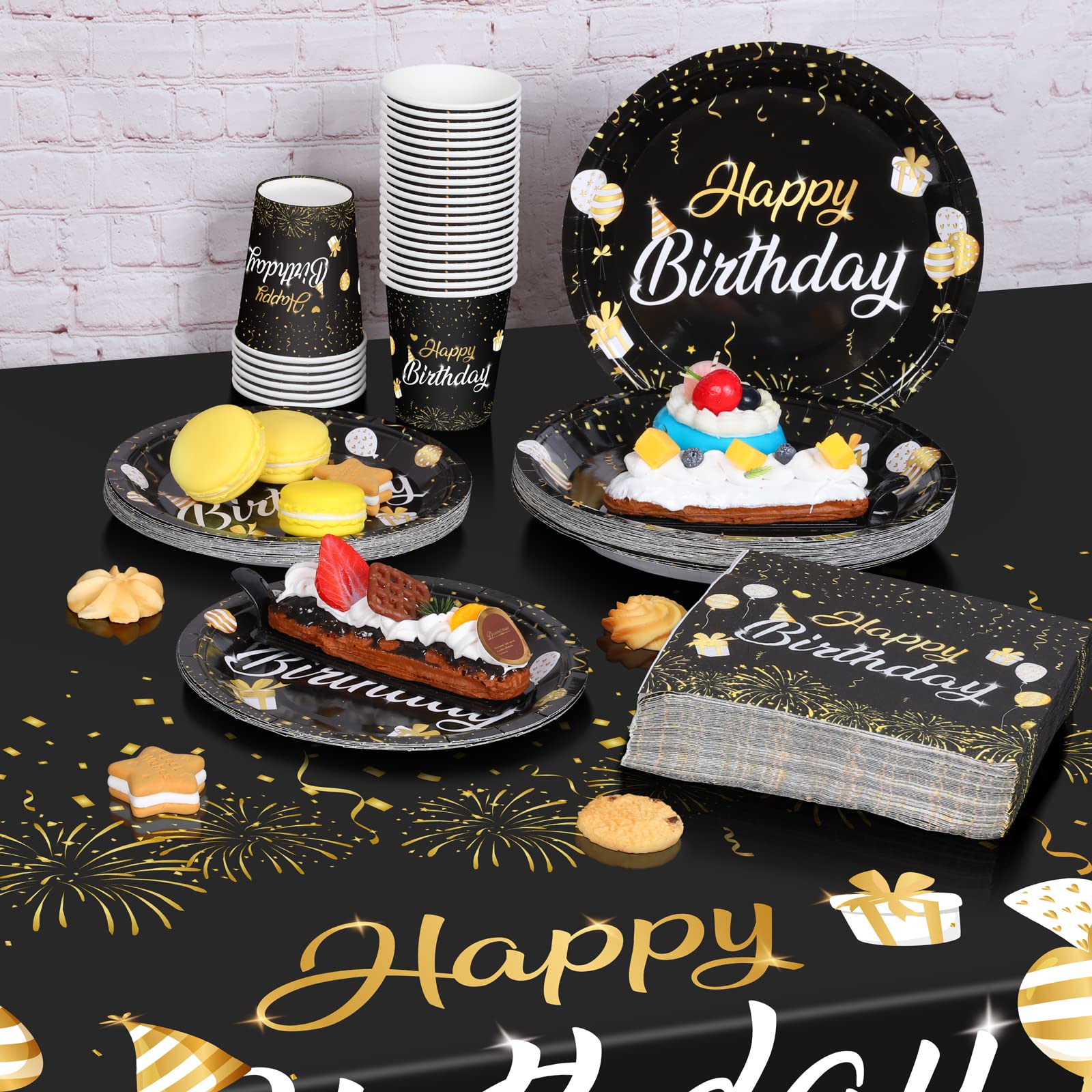 durony 126 Pieces Black and Gold Complete Birthday Tableware Set Party Supplies Includes Paper Cups Plates Napkins Waterproof Tablecloth Happy Birthday Party Favor