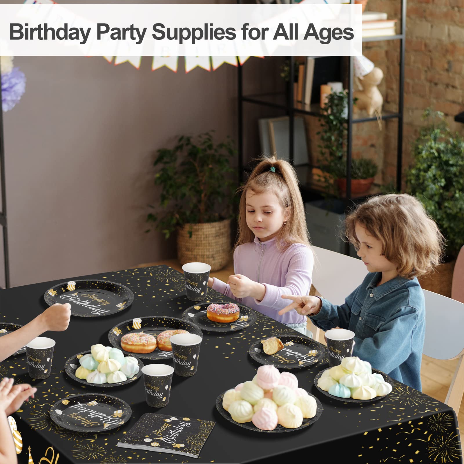 durony 126 Pieces Black and Gold Complete Birthday Tableware Set Party Supplies Includes Paper Cups Plates Napkins Waterproof Tablecloth Happy Birthday Party Favor