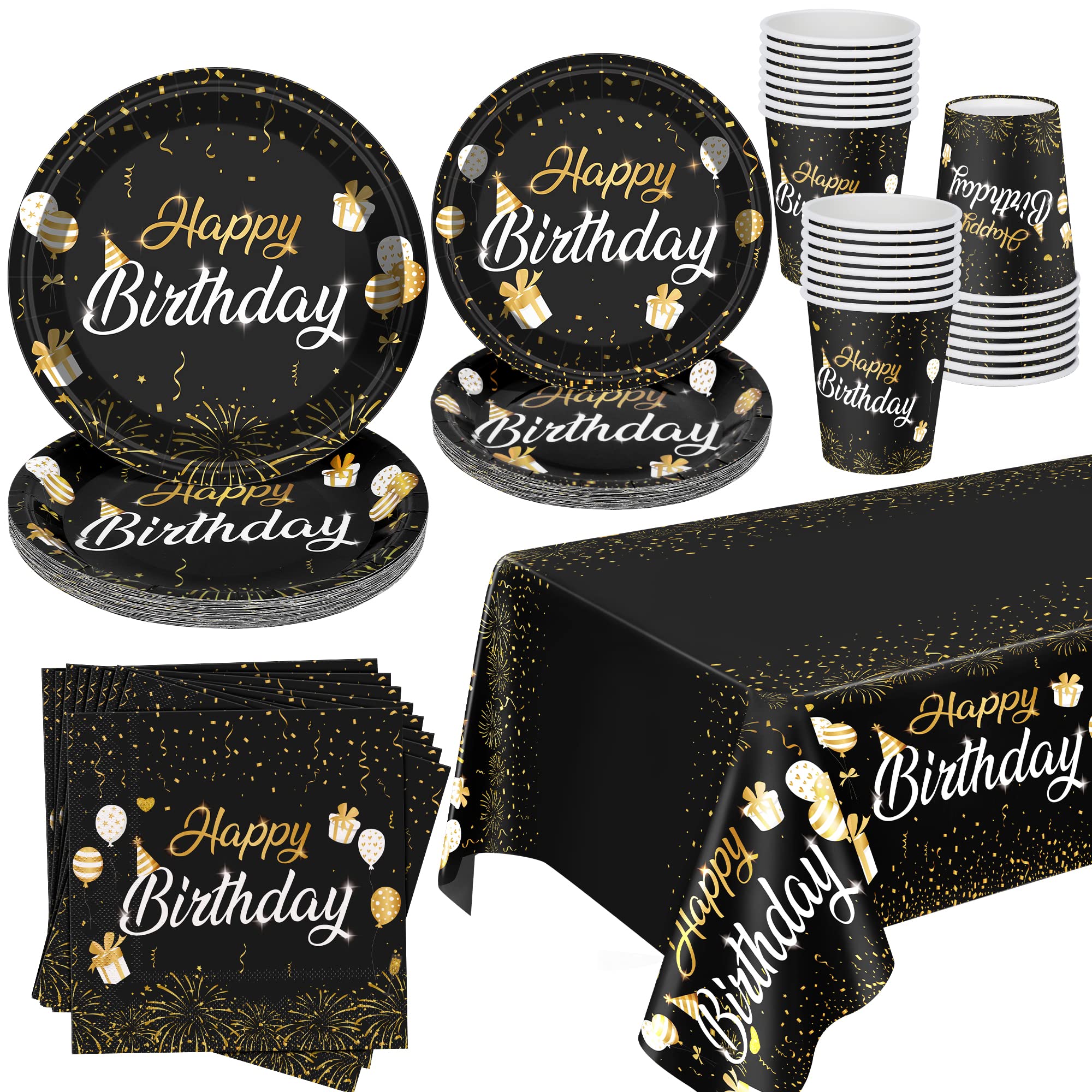 durony 126 Pieces Black and Gold Complete Birthday Tableware Set Party Supplies Includes Paper Cups Plates Napkins Waterproof Tablecloth Happy Birthday Party Favor
