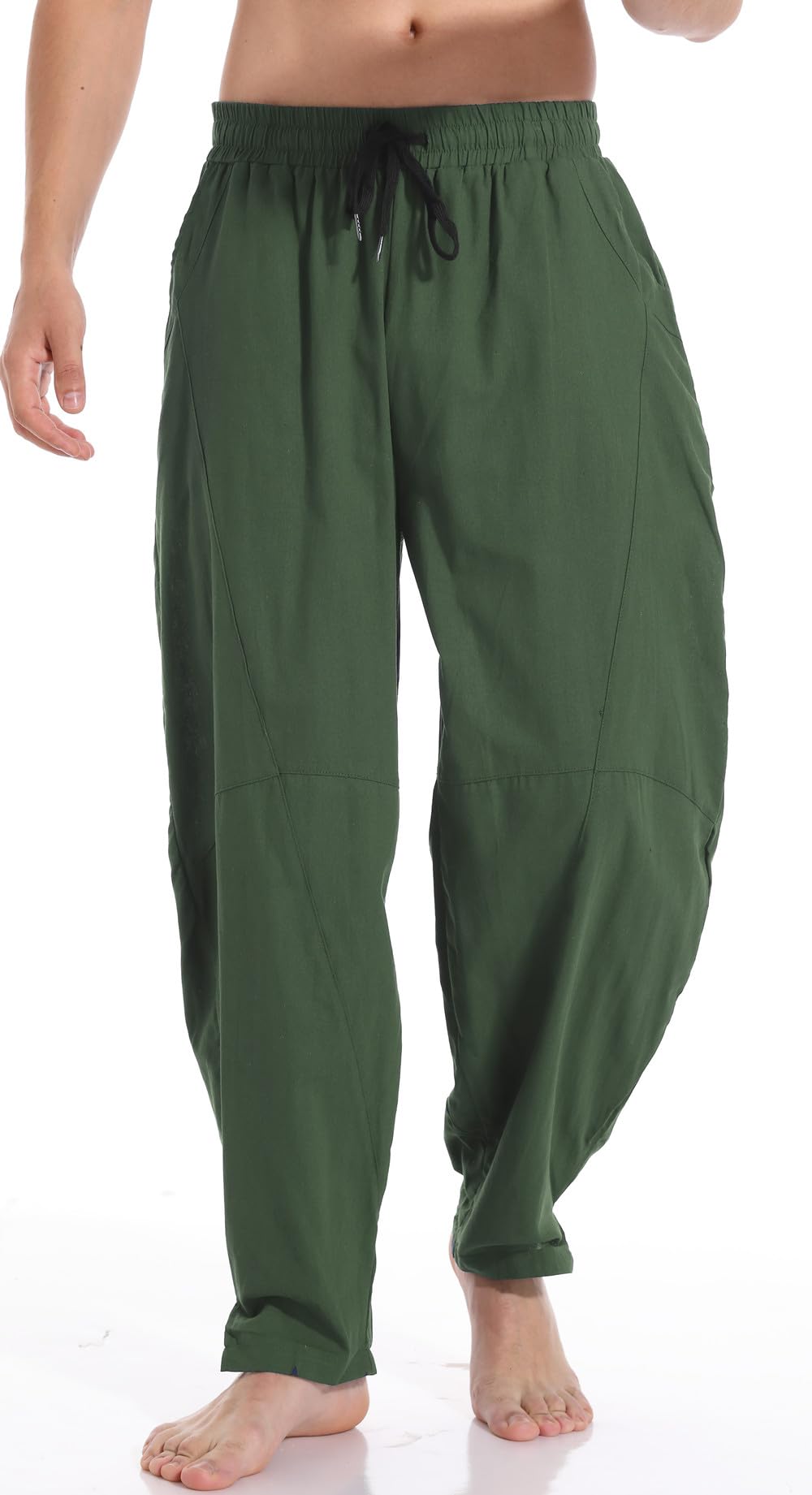 AITFINEISM Mens Cotton Linen Pants Elastic Drawstring Waist Lightweight Summer Beach Pants (32-34, Dark Green)