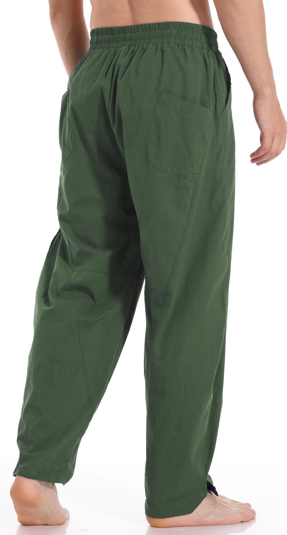 AITFINEISM Mens Cotton Linen Pants Elastic Drawstring Waist Lightweight Summer Beach Pants (32-34, Dark Green)
