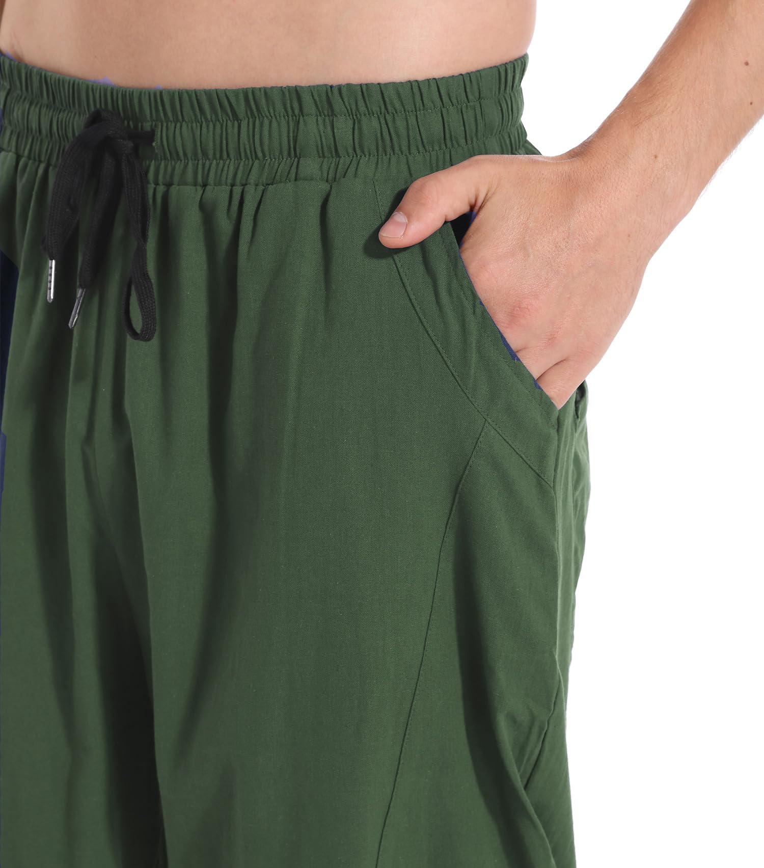 AITFINEISM Mens Cotton Linen Pants Elastic Drawstring Waist Lightweight Summer Beach Pants (32-34, Dark Green)