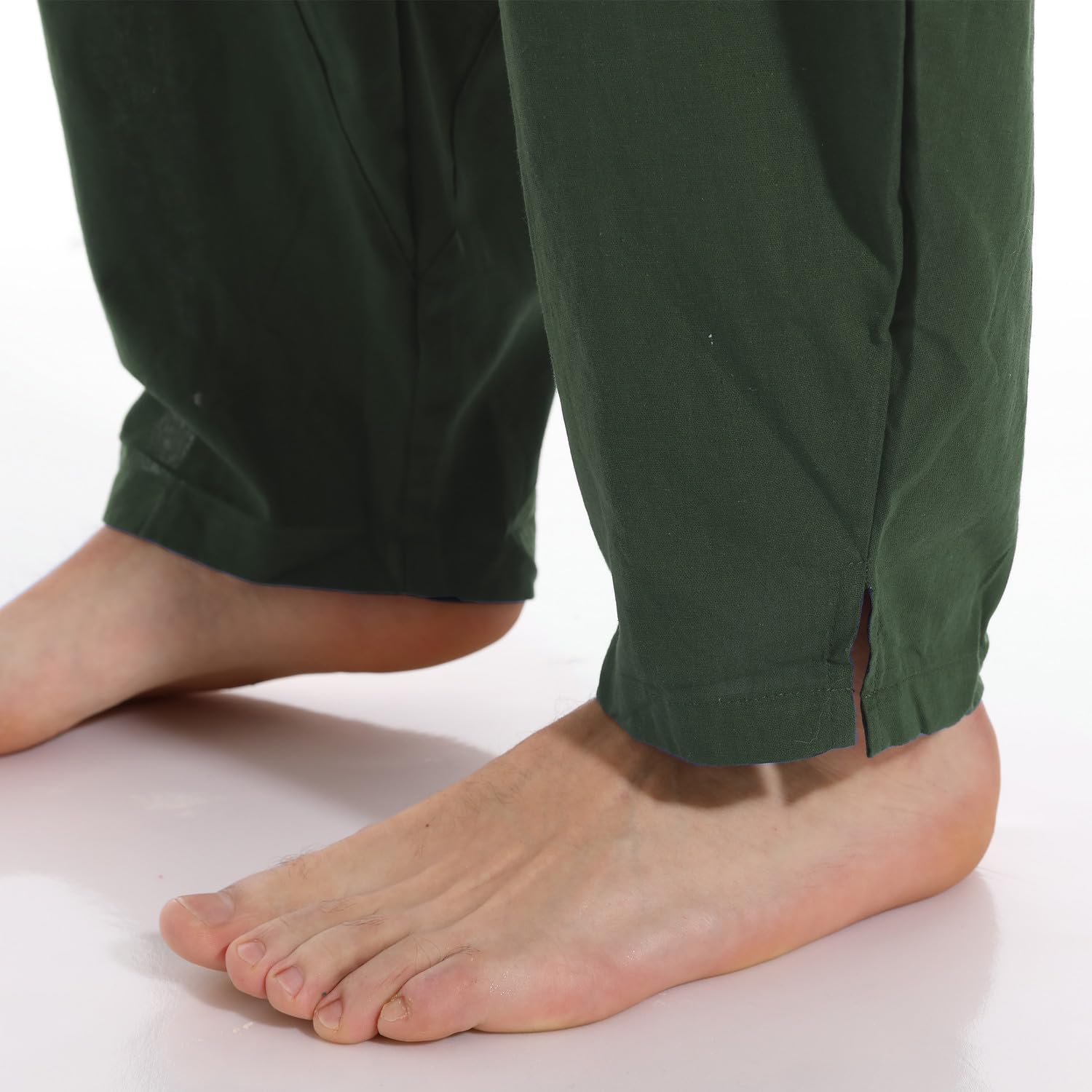 AITFINEISM Mens Cotton Linen Pants Elastic Drawstring Waist Lightweight Summer Beach Pants (32-34, Dark Green)
