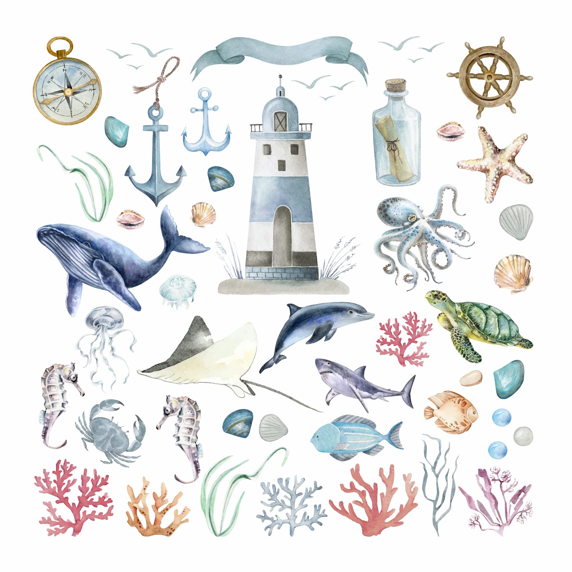 Sea Life Rub on Stickers, 6 x 6 inch Sheet - Dry Rub-On/Off Transfers Stickers for Furniture Scrapbooking Crafts Mixed Media Collage Art