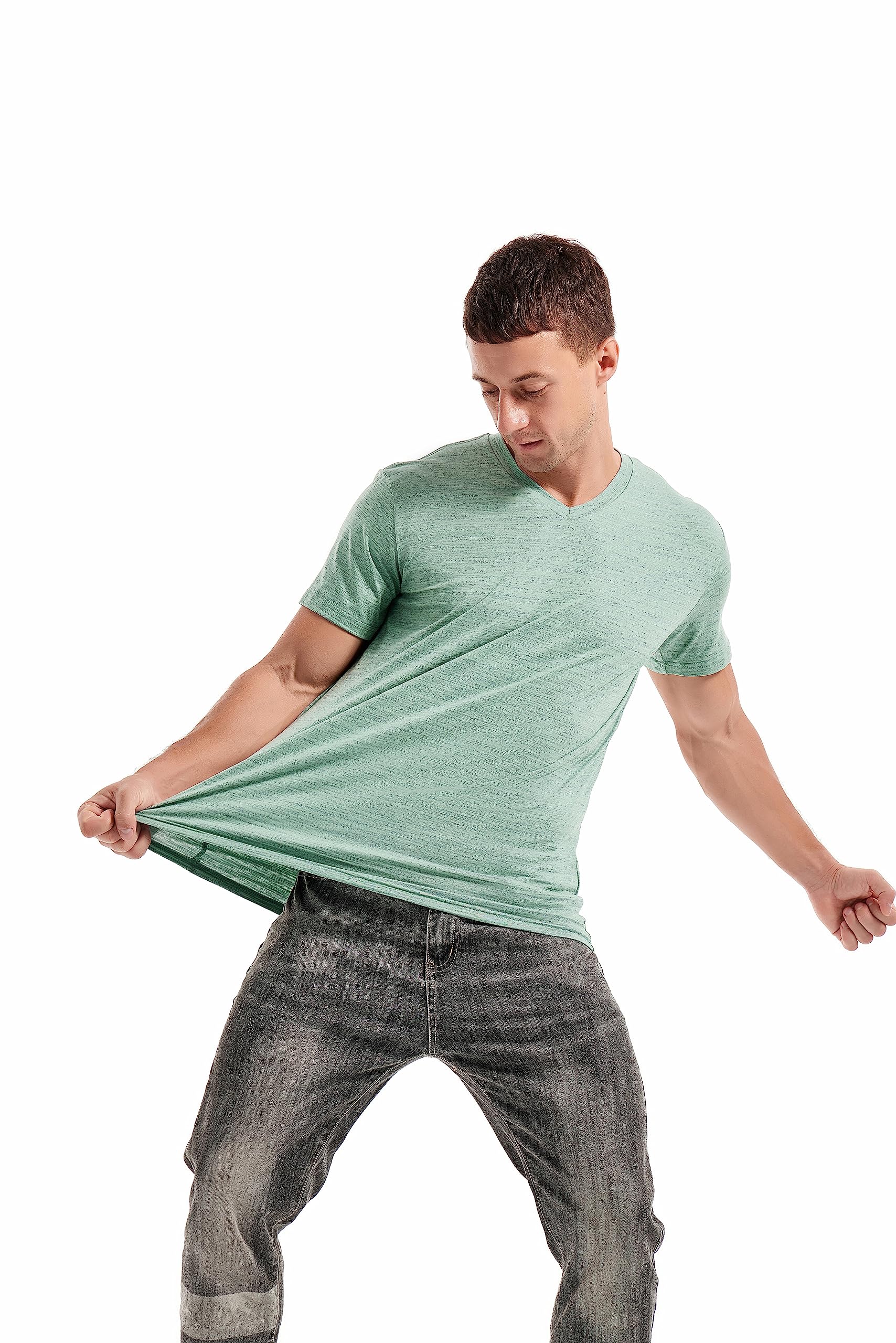 KLIEGOU Men's V Neck T Shirts - Casual Stylish Fitted Tees for Men Light Green-Grey XL