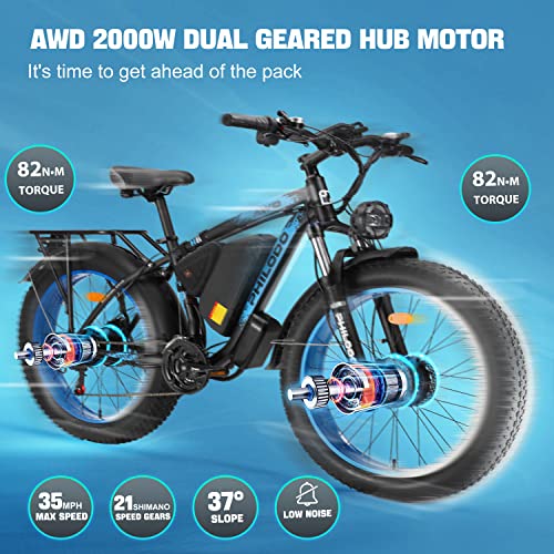 PHILODO Electric Bike for Adults, 23ah Fat Tire Ebike Dual Motor AWD 2000W 35MPH Electric Bicycles 21-Speed with Ignition Lock Hydraulic Disc Brakes