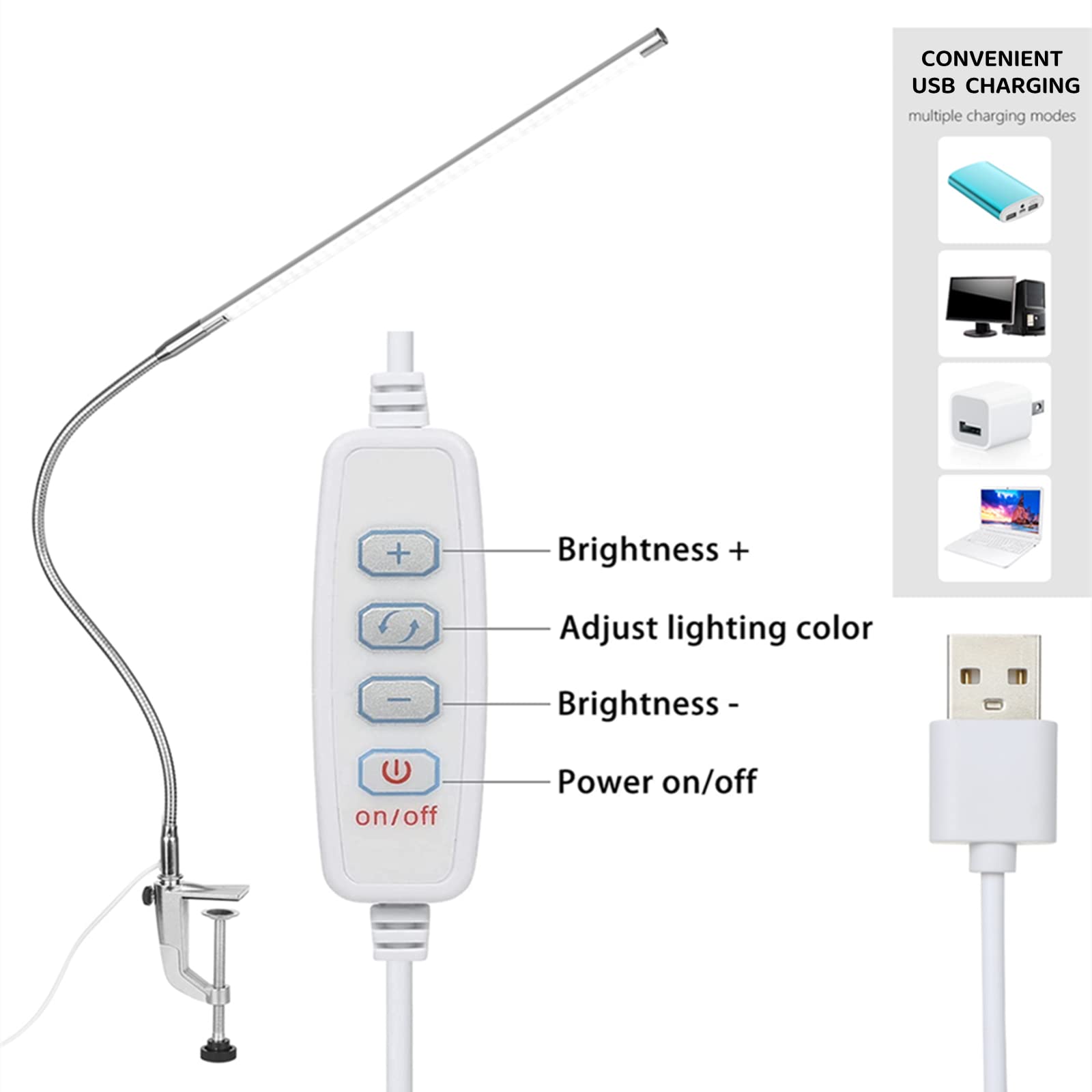 lishumei Desk Lamp with Clamp, 3 Modes 10 Brightness 360° Rotation Eye-Caring Reading Light,8W Long Flexible Gooseneck, Architect Task Lamp, USB Clamp Light for Home Office Manicure Reading