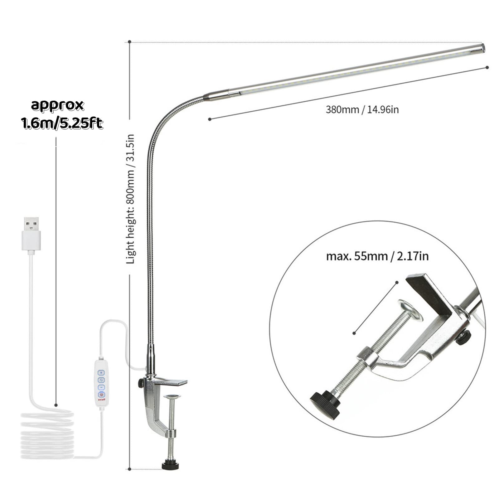 lishumei Desk Lamp with Clamp, 3 Modes 10 Brightness 360° Rotation Eye-Caring Reading Light,8W Long Flexible Gooseneck, Architect Task Lamp, USB Clamp Light for Home Office Manicure Reading