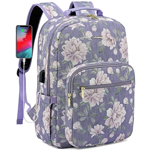 LOVEVOOK Laptop Backpack Purse for Women, Fashion Work Business Travel Computer Bags, College Nurse Backpack for Womens, Casual Daypack, Fit 15.6 Inch Laptop, Flower-Pink Purple