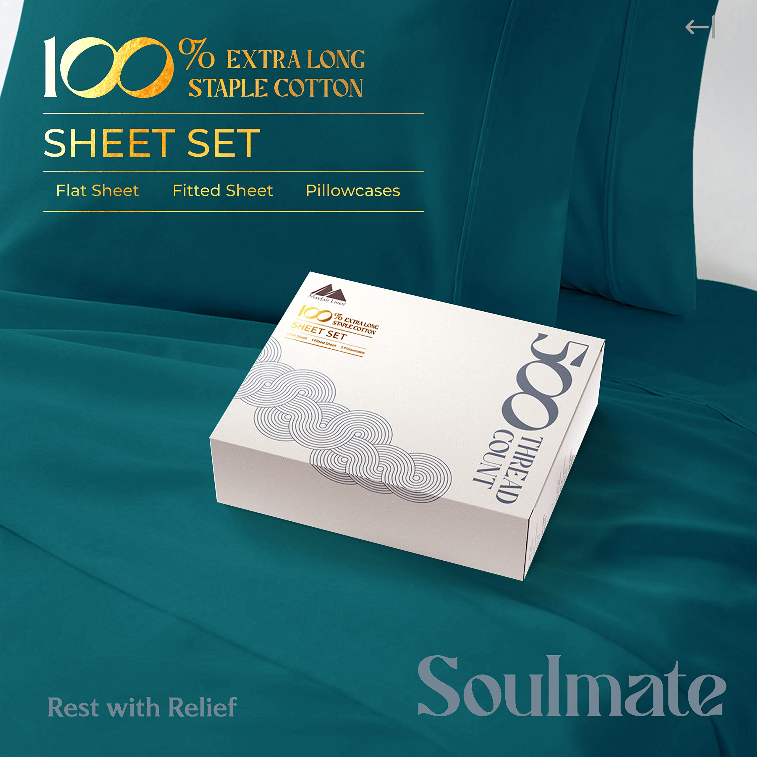 Mayfair Linen 500 Thread Count Full Cotton Sheets - 4 PC Full Size Bed Sheet Set Cotton (Teal), Soft, Cooling, Sateen Hotel-Quality 16" Deep Pocket Bedsheet for Hot Sleepers (Fits 18" Mattress)