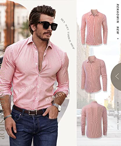 Renaowin Mens Dress Shirt with Front Pocket Regular Fit Pinpoint Stripe Button Down Long Sleeve Shirts US 46(XL) Red