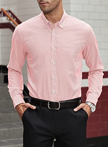 Renaowin Mens Dress Shirt with Front Pocket Regular Fit Pinpoint Stripe Button Down Long Sleeve Shirts US 46(XL) Red