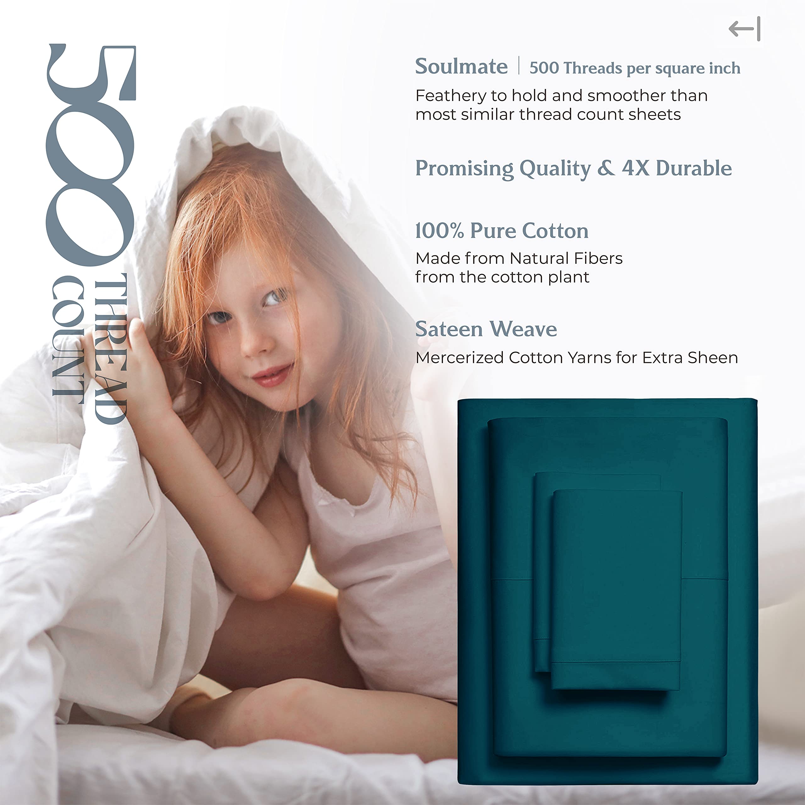 Mayfair Linen 500 Thread Count Twin Cotton Sheets - 3 PC Twin Size Bed Sheet Set Cotton (Teal), Ultra Soft, Cooling, Sateen Hotel-Quality 16" Deep Pocket Bedsheet for Hot Sleepers (Fits 18" Mattress)