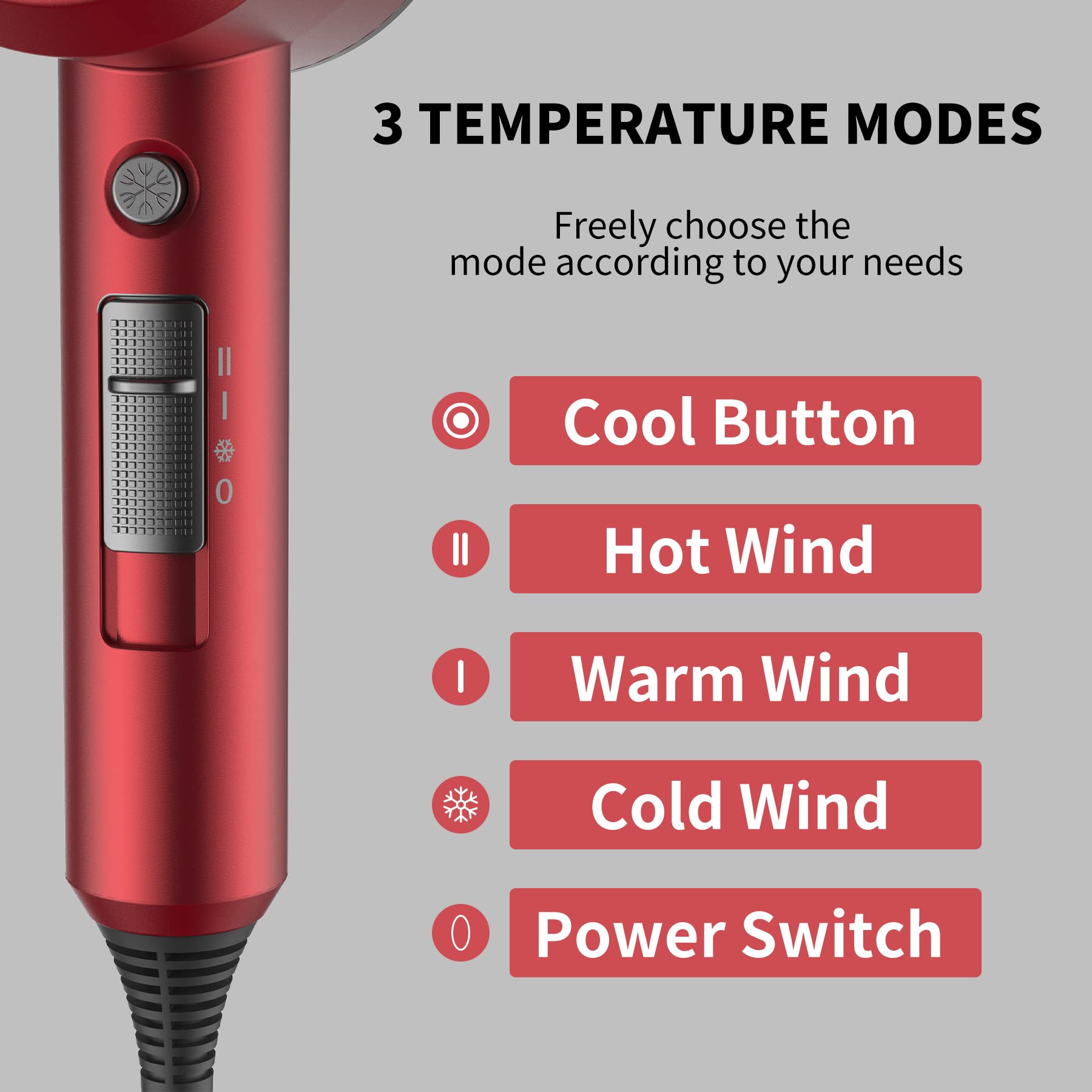 Ionic Hair Dryer, DOOAIR 1875W Blow Dryer with Diffuser and Concentrator, Professional Hair Dryer for Curly Hair, Negative Ion Technology, Constant Temperature Hair Care for Light and Quiet (Red)