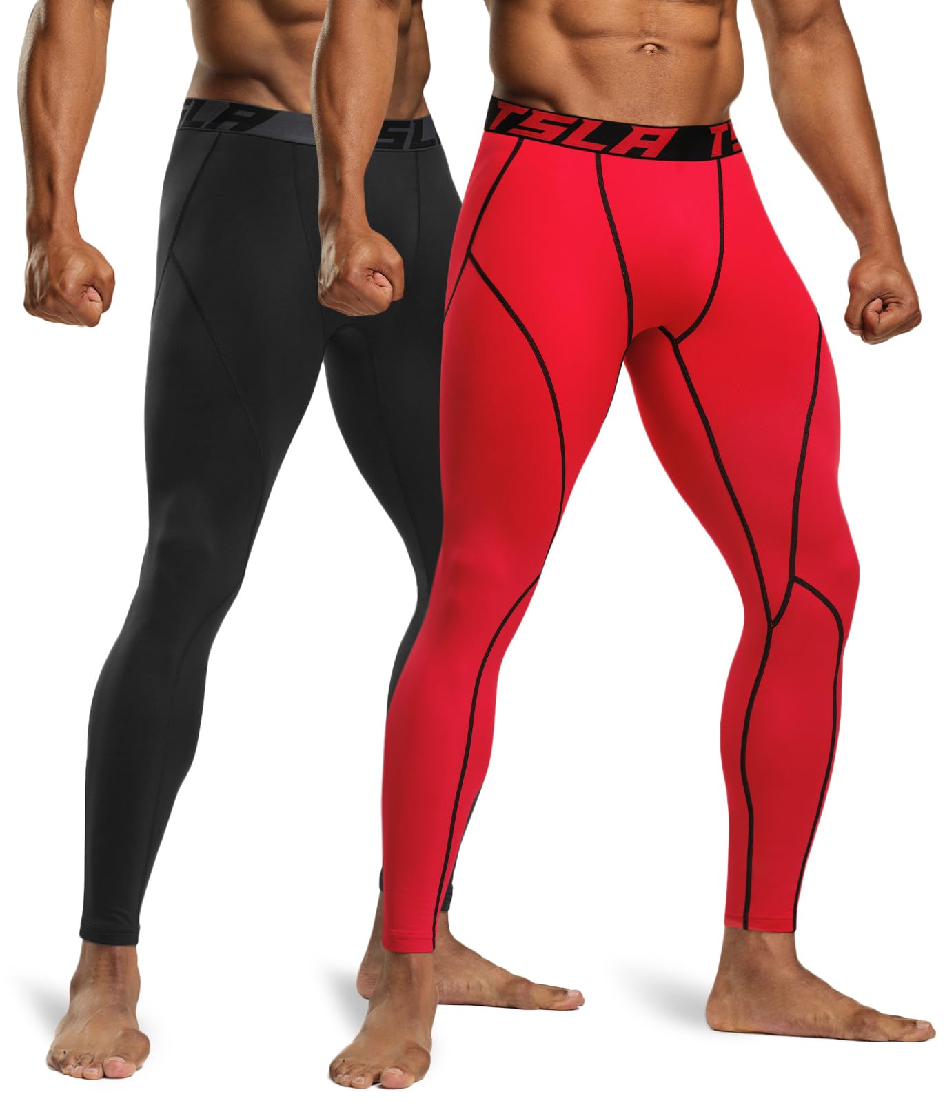 TSLA Men's Thermal Compression Pants, Athletic Sports Leggings & Running Tights, Wintergear Base Layer Bottoms, 2pack Tights Black/Red, Small