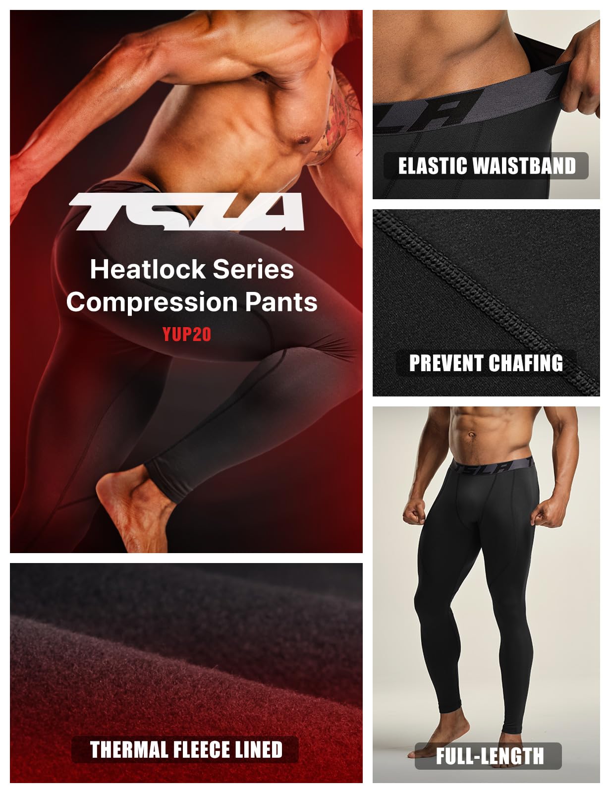 TSLA Men's Thermal Compression Pants, Athletic Sports Leggings & Running Tights, Wintergear Base Layer Bottoms, 2pack Tights Black/Red, Small
