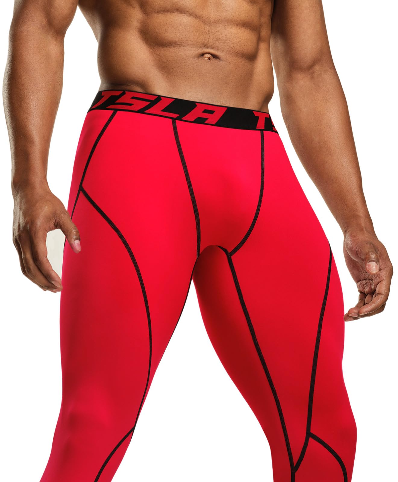 TSLA Men's Thermal Compression Pants, Athletic Sports Leggings & Running Tights, Wintergear Base Layer Bottoms, 2pack Tights Black/Red, Small