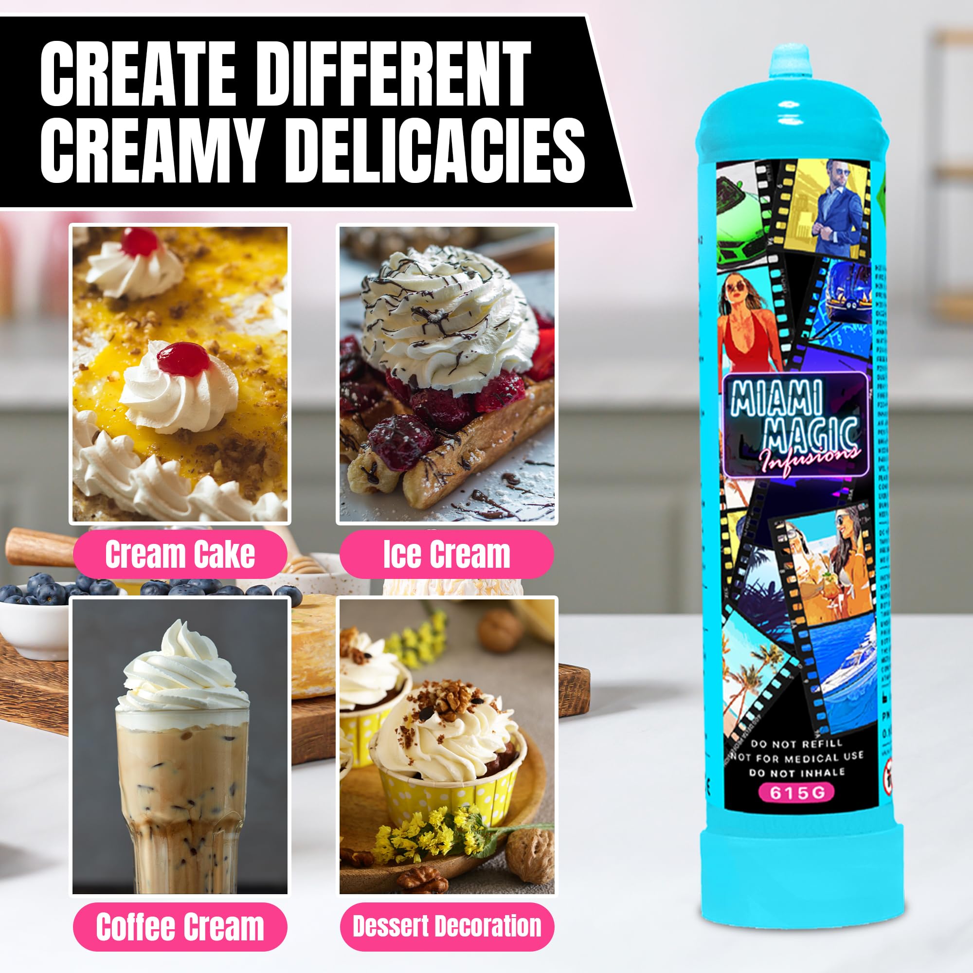 Miami Magic Canisters for Whipped Cream Charger, High-Premium Whip Propellant, Perfect for Cooking, Drinks and Cocktails - 580g (6 cylinders)