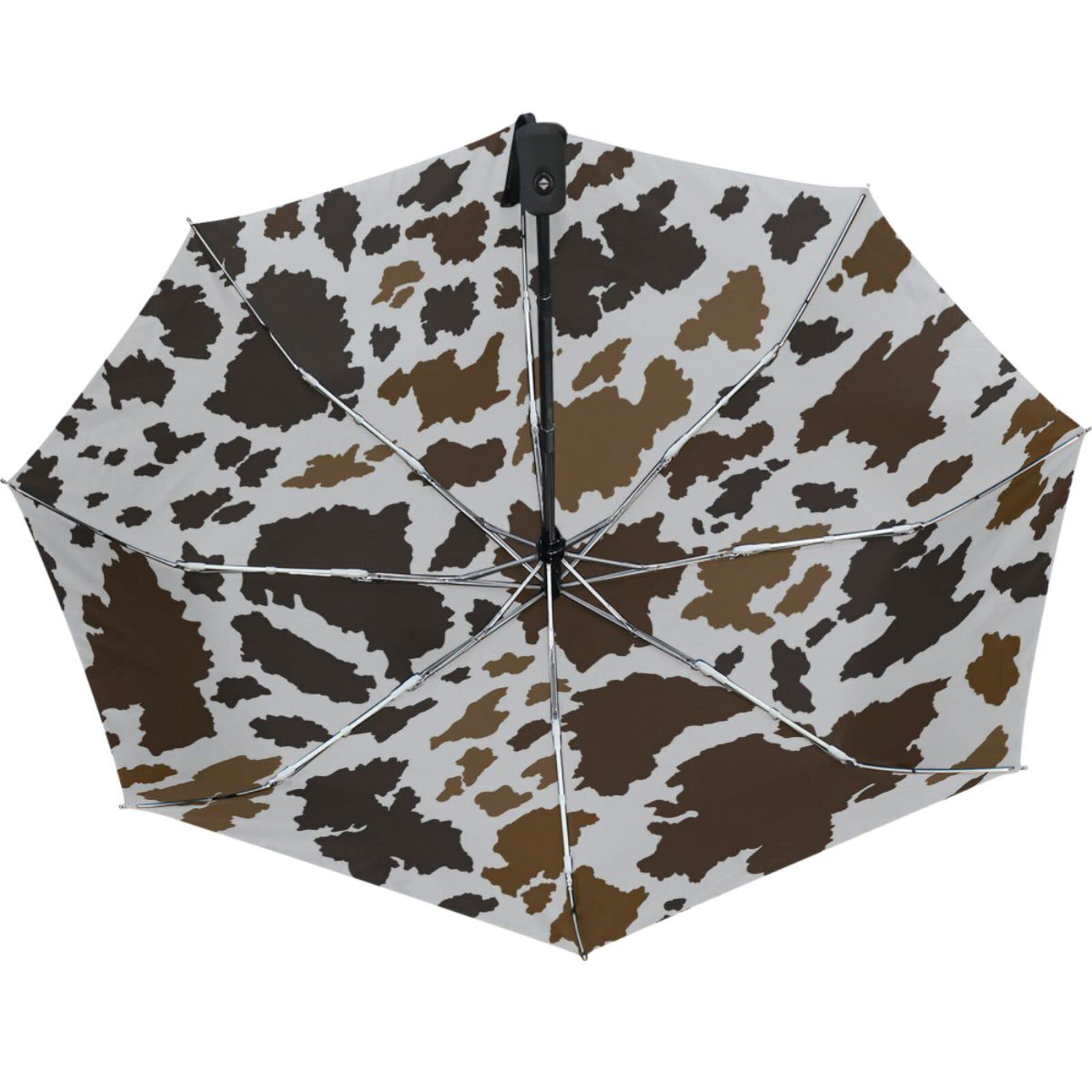 Vdsrup Cowhide Cow Print Auto Umbrella Open Close Brown Animals Print Anti UV Umbrella Compact Windproof Parasol Umbrellas for Travel Car School Sun Rain