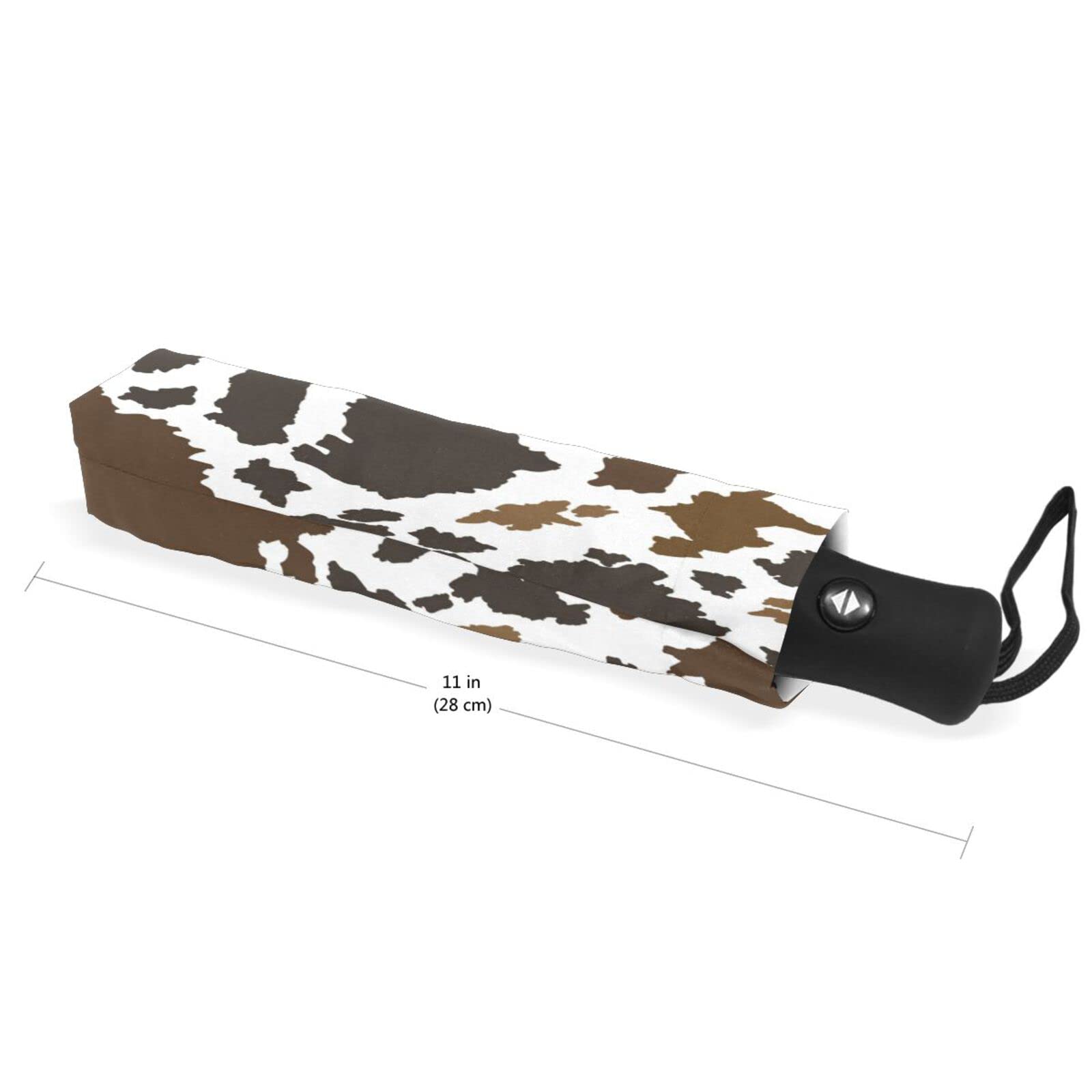 Vdsrup Cowhide Cow Print Auto Umbrella Open Close Brown Animals Print Anti UV Umbrella Compact Windproof Parasol Umbrellas for Travel Car School Sun Rain