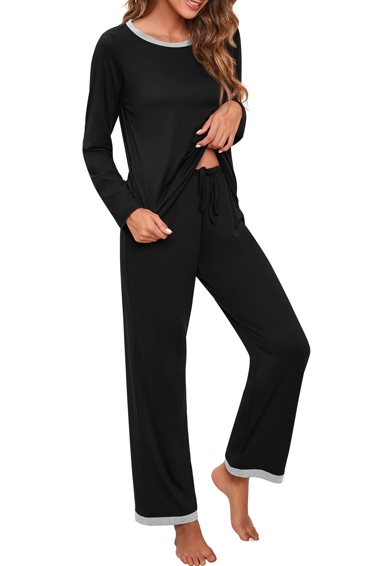 PrinStory 2025 Women's Pajama Set Long Sleeve Sleepwear Ladies Soft Pjs Lounge Set Black-L