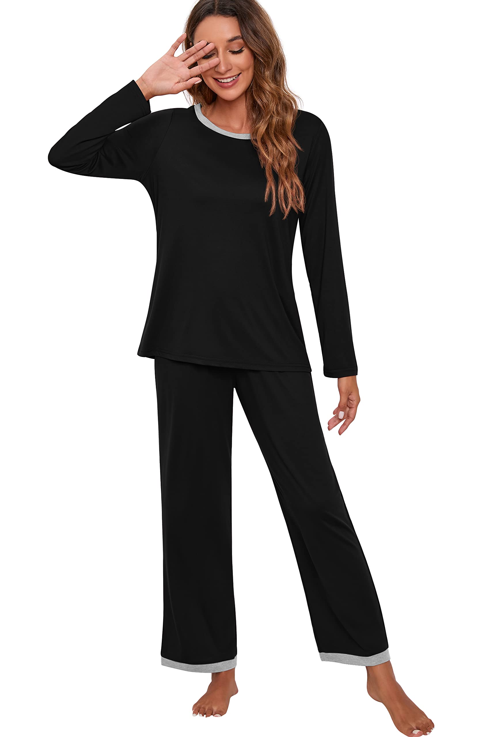 PrinStory 2025 Women's Pajama Set Long Sleeve Sleepwear Ladies Soft Pjs Lounge Set Black-L