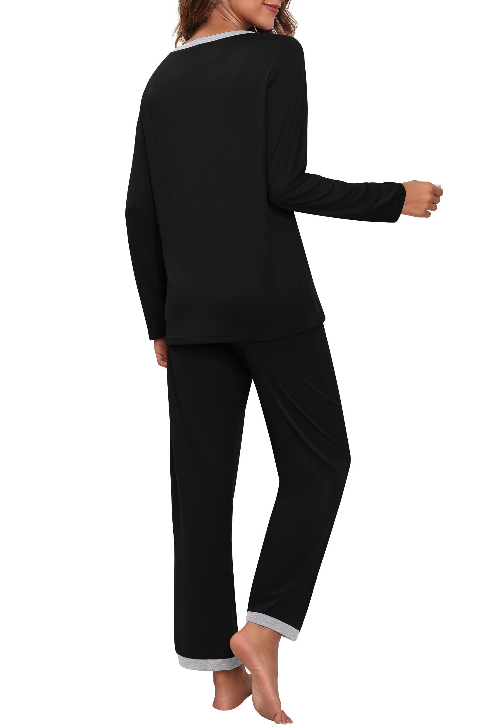 PrinStory 2025 Women's Pajama Set Long Sleeve Sleepwear Ladies Soft Pjs Lounge Set Black-L