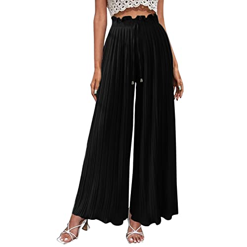 Womens Wide Leg Palazzo Pants High Waisted Lounge Pant Smocked Pleated Loose Casual Pant Suits for Women (Black, XL) X-Large